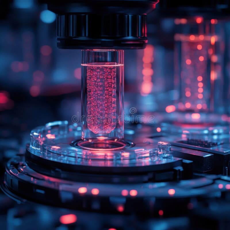 Blue and Red Laboratory Apparatus with Glowing Liquid Sample Stock ...