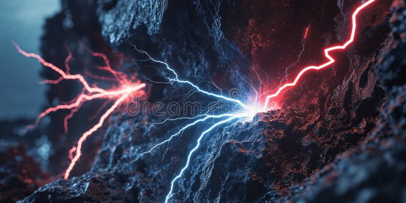 Blue and Red Lightning Strikes on Dark Textured Background Stock Photo ...