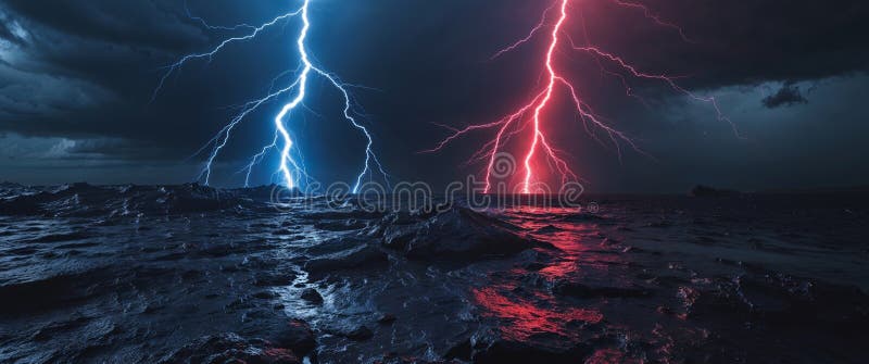 Blue and Red Lightning Strikes on Dark Textured Background. Stock Photo ...