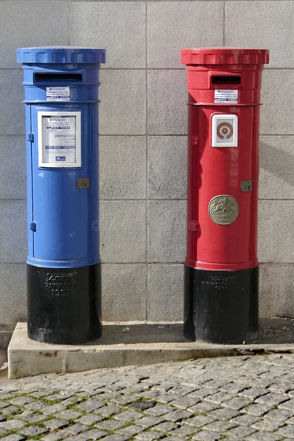 Blue and red mailboxes editorial stock image. Image of service - 52398569