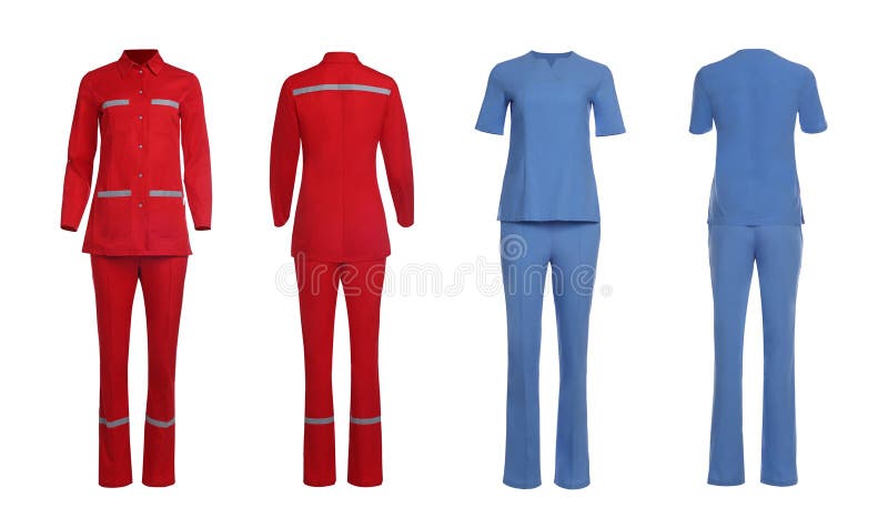 Blue and Red Medical Uniforms Isolated on White, Collage with Back and ...