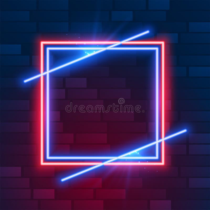 Neon Square Frame with Neon Lights on a Brick Wall. Vector Illustration ...