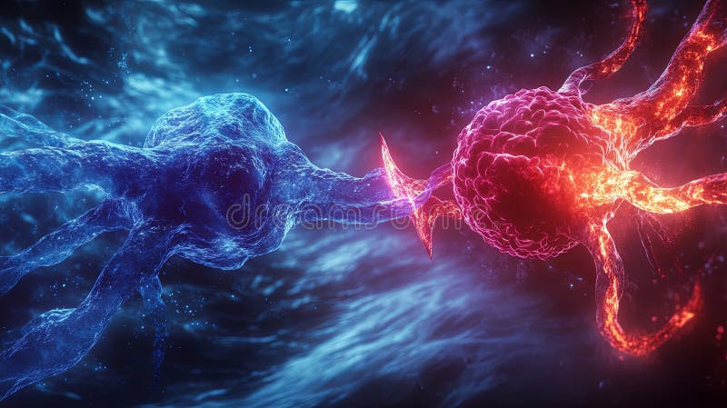 A Blue and Red Neuron-like Structure with Glowing Tendrils Connected by ...