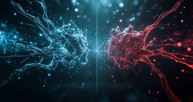 Blue-red particle clash stock image. Image of energy - 382539657