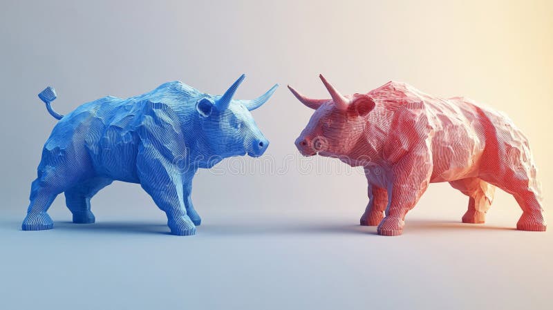 Blue and Red Pixel Bulls Facing Off in a 3D Render Stock Illustration ...