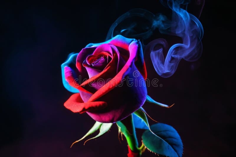 Blue, Red and Purple Neon Rose with Smoke Stock Illustration ...