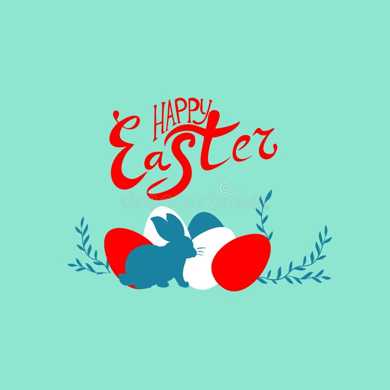 Blue and Red Rabbit and Eggs Easter Card. Vector Illustration Stock ...