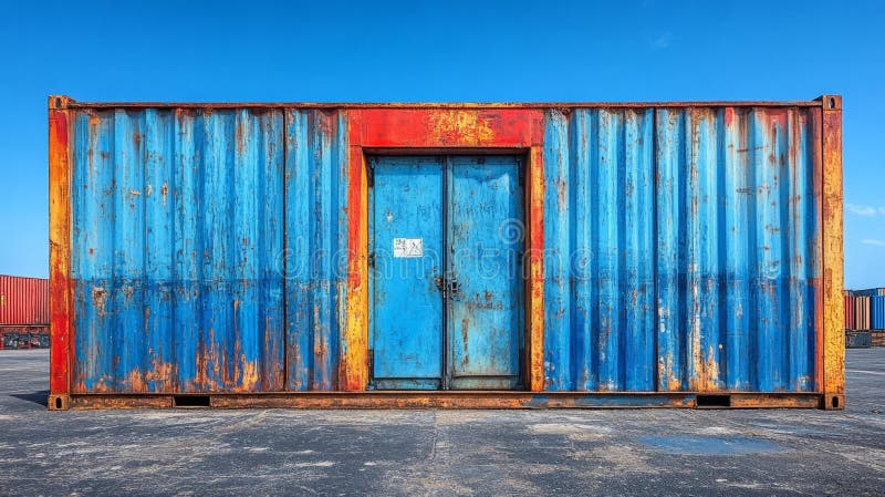 Blue and Red Rusty Container with Industrial Design and Weathered Door ...