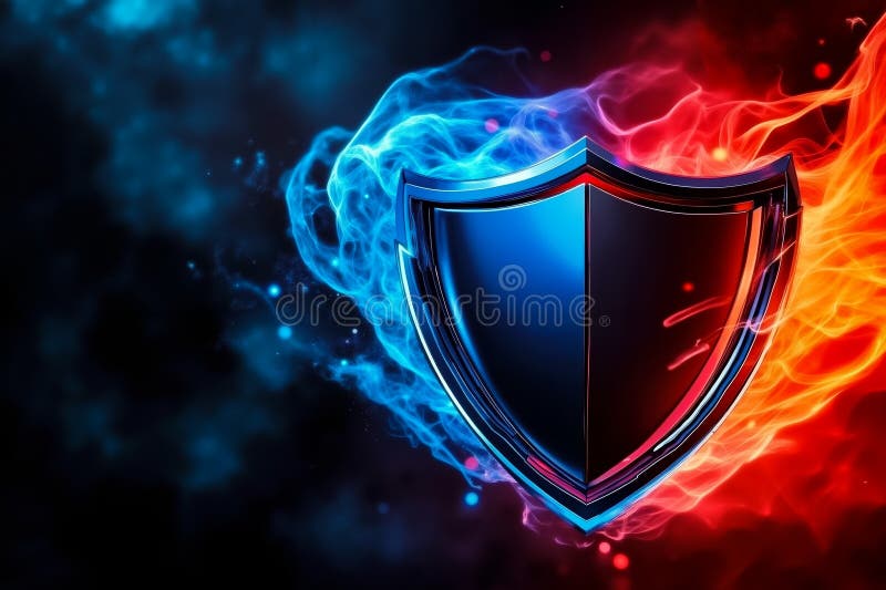 A Blue and Red Shield with Flames Coming Out of it Stock Illustration ...