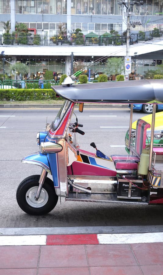 Blue Red Thailand Tuk Tuk Tricycle in Side View Stock Image - Image of passenger, blue: 326061027
