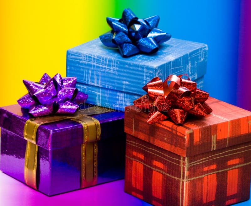 Blue, Red And Violet Gift Boxes Stock Photo - Image of birthday, sash ...