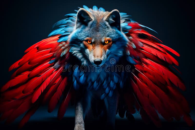 A Blue and Red Wolf Covered in Peacock Feathers Stock Illustration ...