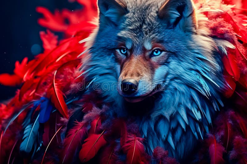 A Blue and Red Wolf Covered in Peacock Feathers Stock Illustration ...