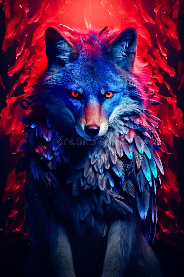 A Blue and Red Wolf Covered in Peacock Feathers Stock Illustration ...