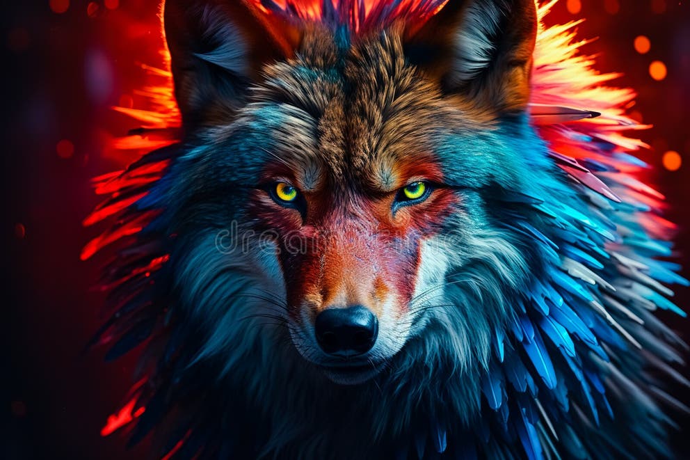 A Blue and Red Wolf Covered in Peacock Feathers Stock Illustration ...
