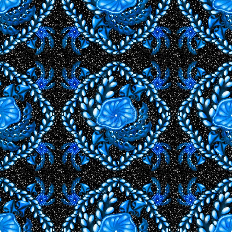 Blue Repeating Pattern of Abstract Flowers, Leaves on a Dark Background ...
