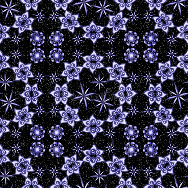 Blue Repeating Pattern of Abstract Flowers, Leaves and Stars on a Dark ...