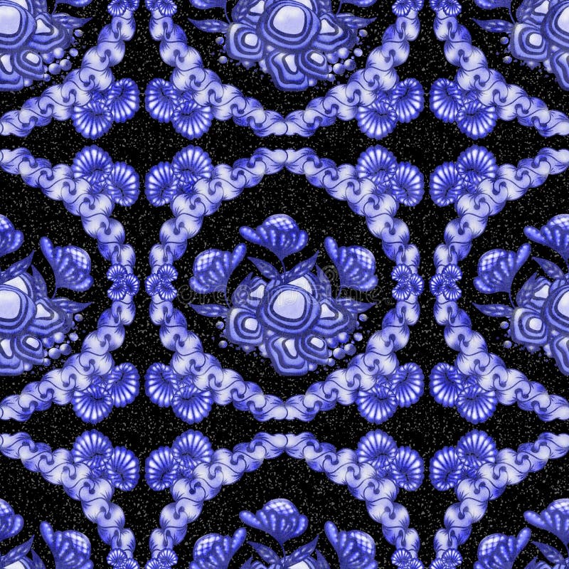 Blue Repeating Pattern of Abstract Flowers, Leaves and Stones on a Dark ...