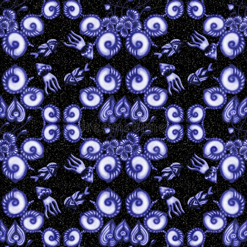 Blue Repeating Pattern of Abstract Sea Creatures on a Dark Background ...