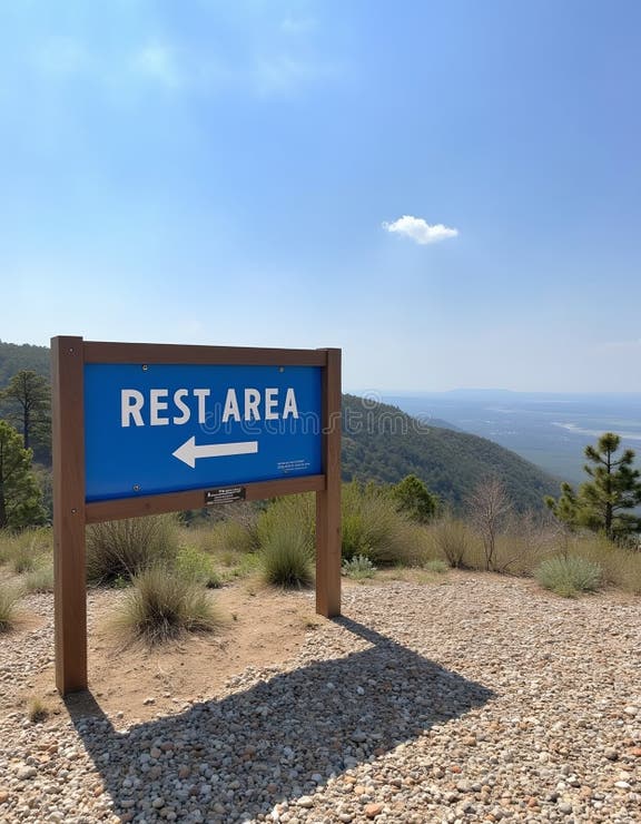 Blue Rest Area Sign with Scenic Overlook Backdrop Stock Illustration ...