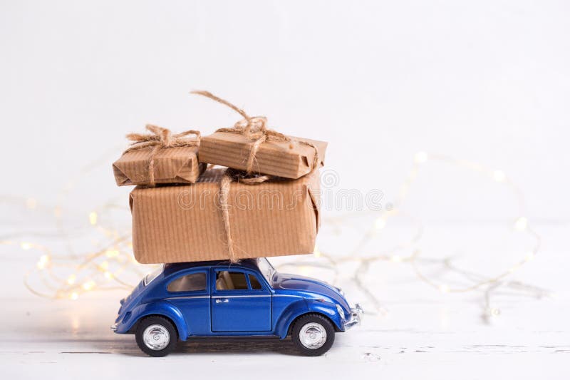 Blue Retro Car with Wrapped Box with Presents Stock Photo - Image of ...