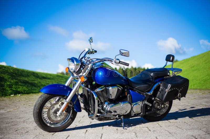 Blue Retro Motorcycle on the Road Stock Photo - Image of street, road ...