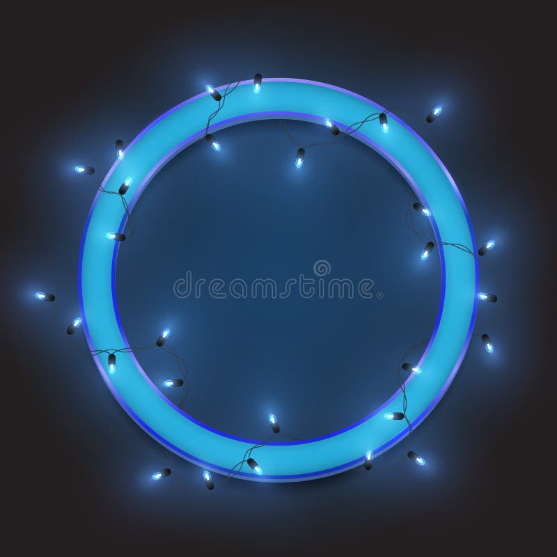 Blue Retro Neon Circle Frame, Led Shiny Lights Garland, Vector ...