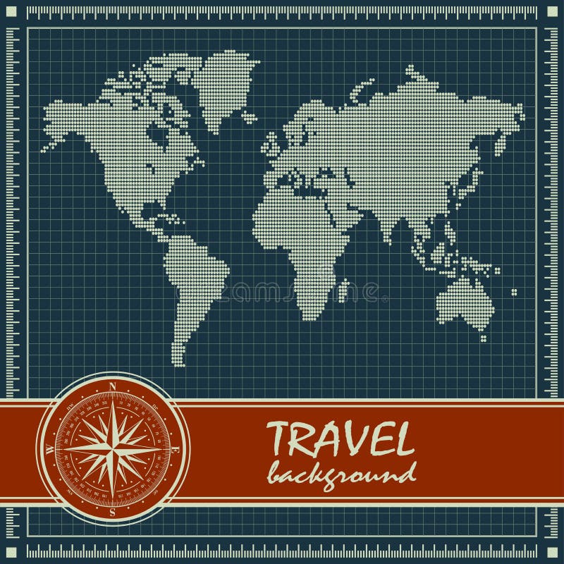 Blue Retro Travel Background with World Map Stock Vector - Illustration ...