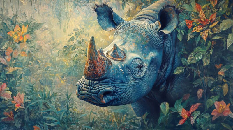 Blue Rhinoceros Portrait in Lush Tropical Setting Stock Illustration ...