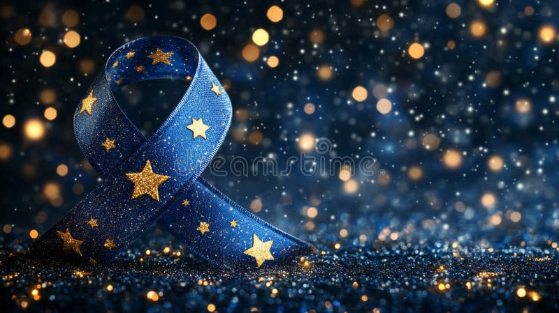 Blue Ribbon with Gold Stars on Dark Glitter Background Stock ...