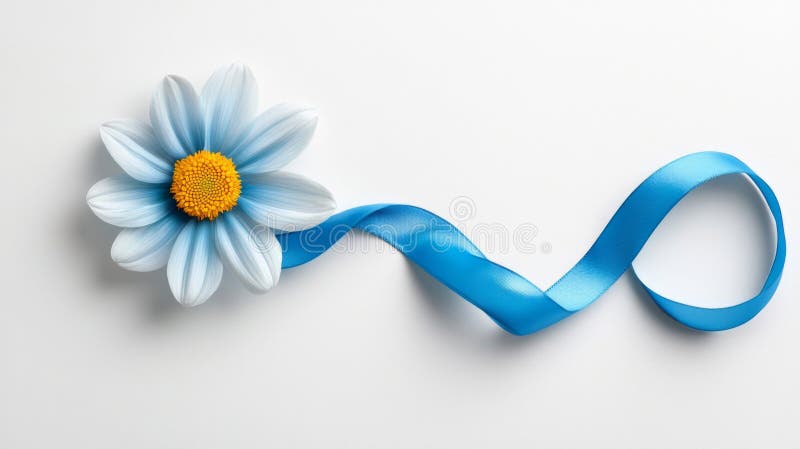 Blue Ribbon and Light Blue Daisy Flower on White Background Stock ...