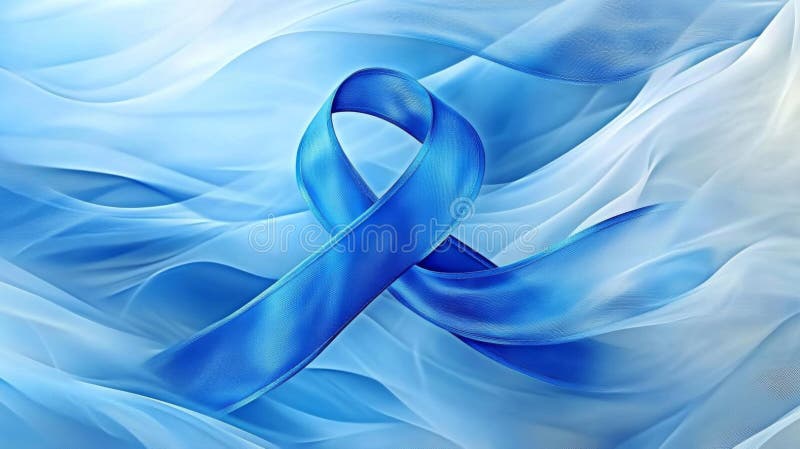 Blue Ribbon Symbolizes Awareness and Support on a Wave Textured Blue ...