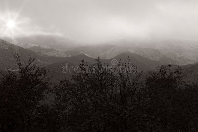Blue Ridge Mountains, in Black and White with Fog Base Stock Image ...