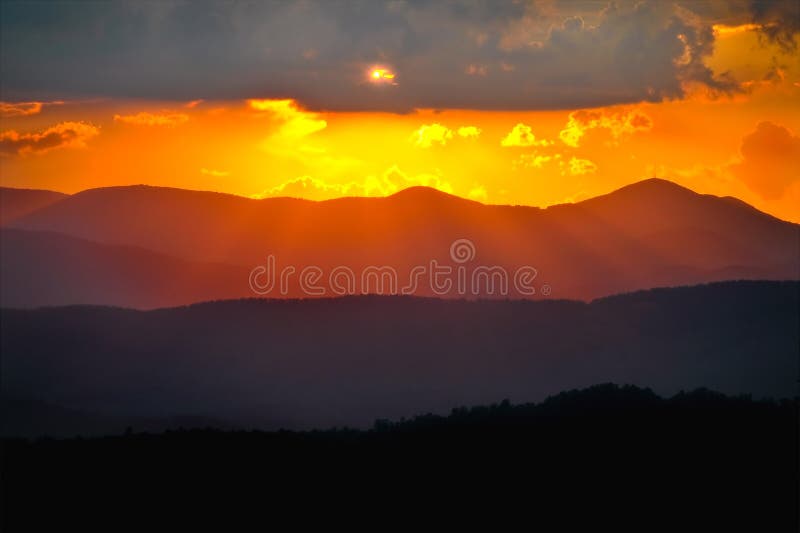 Blue Ridge Mountains Layered Sunset Rays Stock Image - Image of orange ...