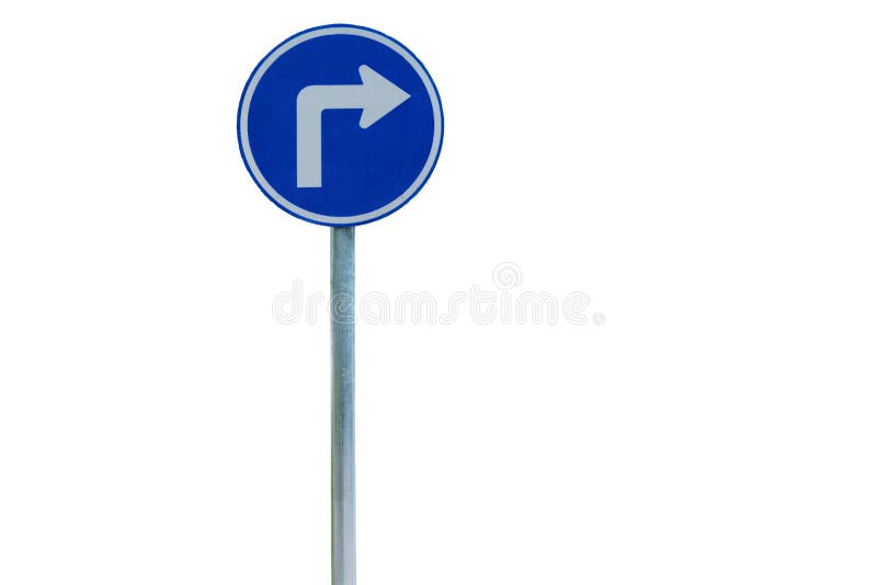 A Blue Right Turn Road Sign on White Background Stock Image - Image of ...