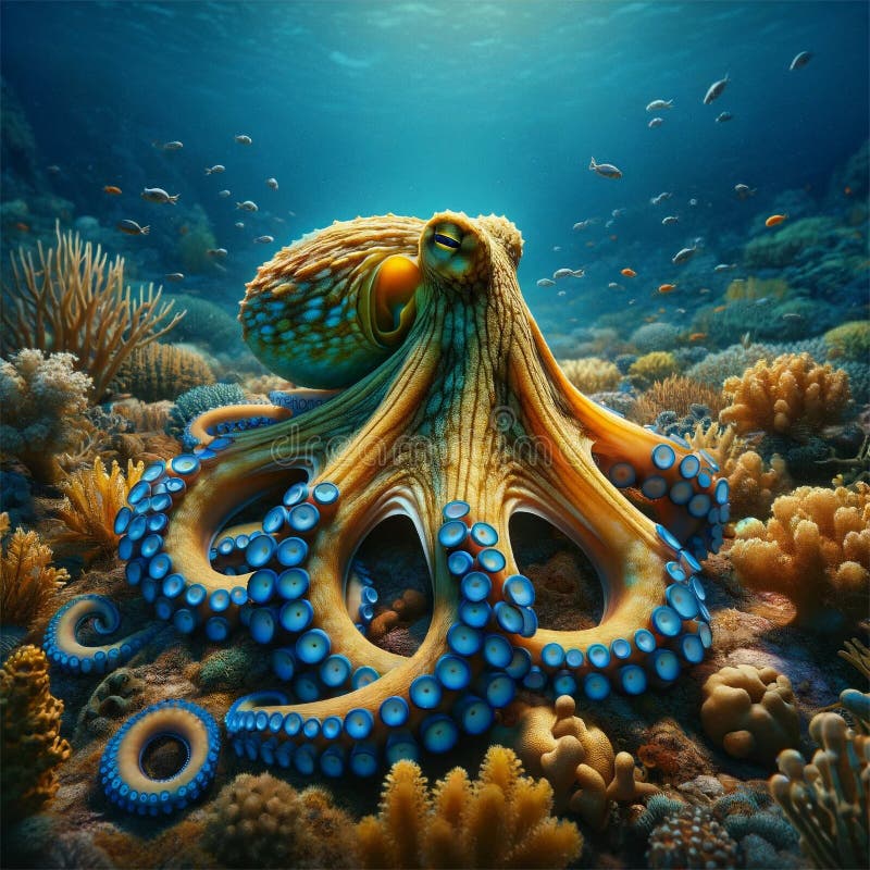 Blue Ringed Octopus on Coral Reef Illustration Stock Photo - Image of ...