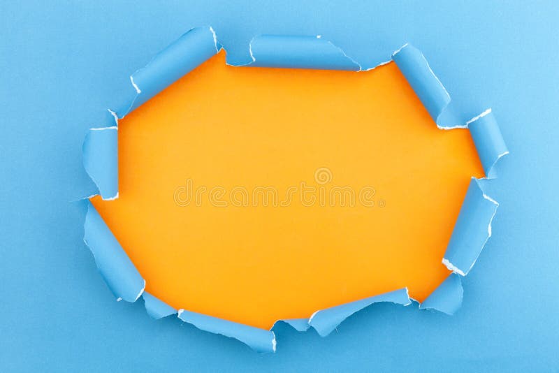 Blue Ripped Open Paper on Green and Orange Paper Background. Stock ...