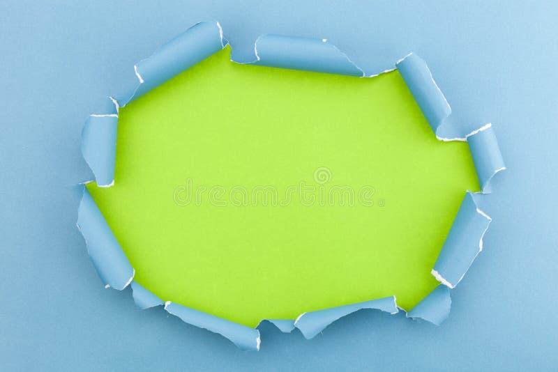 Blue Ripped Open Paper on Green Paper Background. Stock Image - Image ...