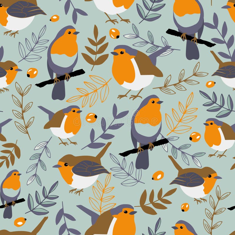 Blue Robin Birds Background Pattern. Cute Little Red Robin Birds ...