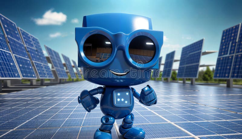 3d Render of a Blue Robot with Solar Panels in the Background ...
