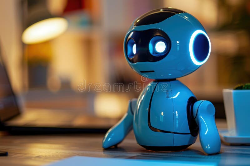 Blue Robot Companion in a Cozy Home Office Stock Illustration ...