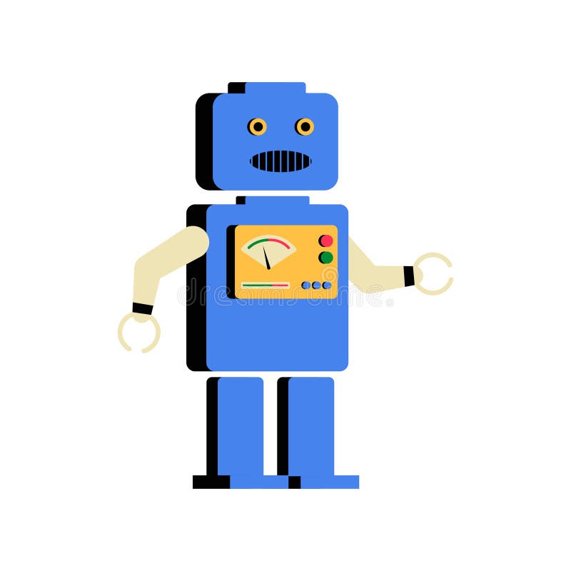Blue Robot with Mechanical Arms and Control Panel in Flat Vector Illustration Symbolizing ...
