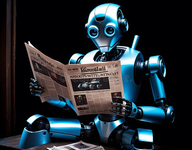 A Blue Robot is Reading a Newspaper on a Table Stock Photo - Image of ...