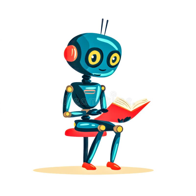Blue Robot Sitting and Reading a Red Book Stock Illustration ...