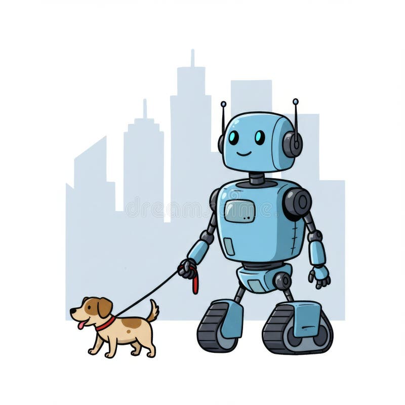 Blue Robot Walking Dog in City Skyline Pixel Art Stock Illustration ...