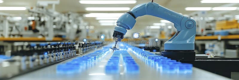 Blue Robotic Arm Handling Bottles in a Factory Setup Stock Illustration - Illustration of ...