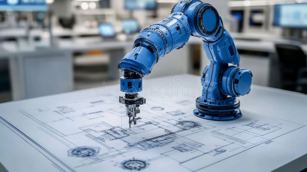 Blue Robotic Arm Precisely Working on Blueprint in Modern Lab Stock ...