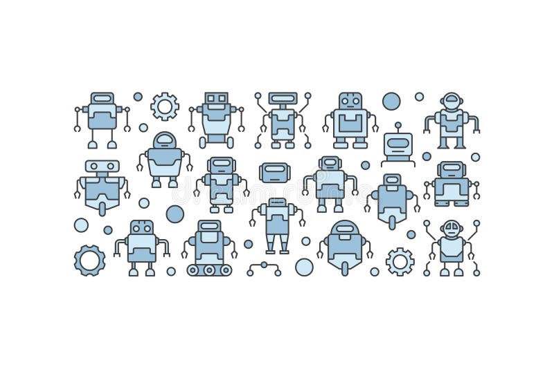 Robots Vector Horizontal Banner or Illustration in Line Style Stock ...