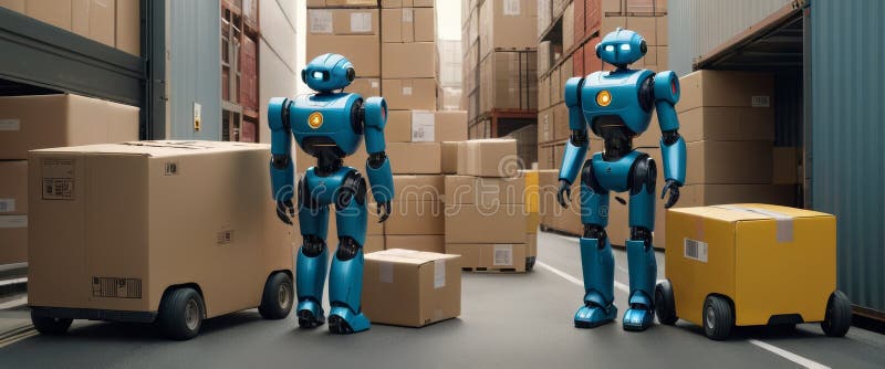 Blue Robots Sorting Packages in Warehouse Stock Photo - Image of ...