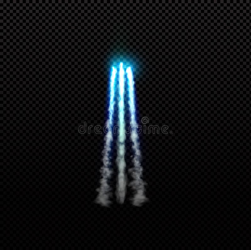 Blue Rocket Fire Trails on Isolated Dark Transparent Background, Vector ...